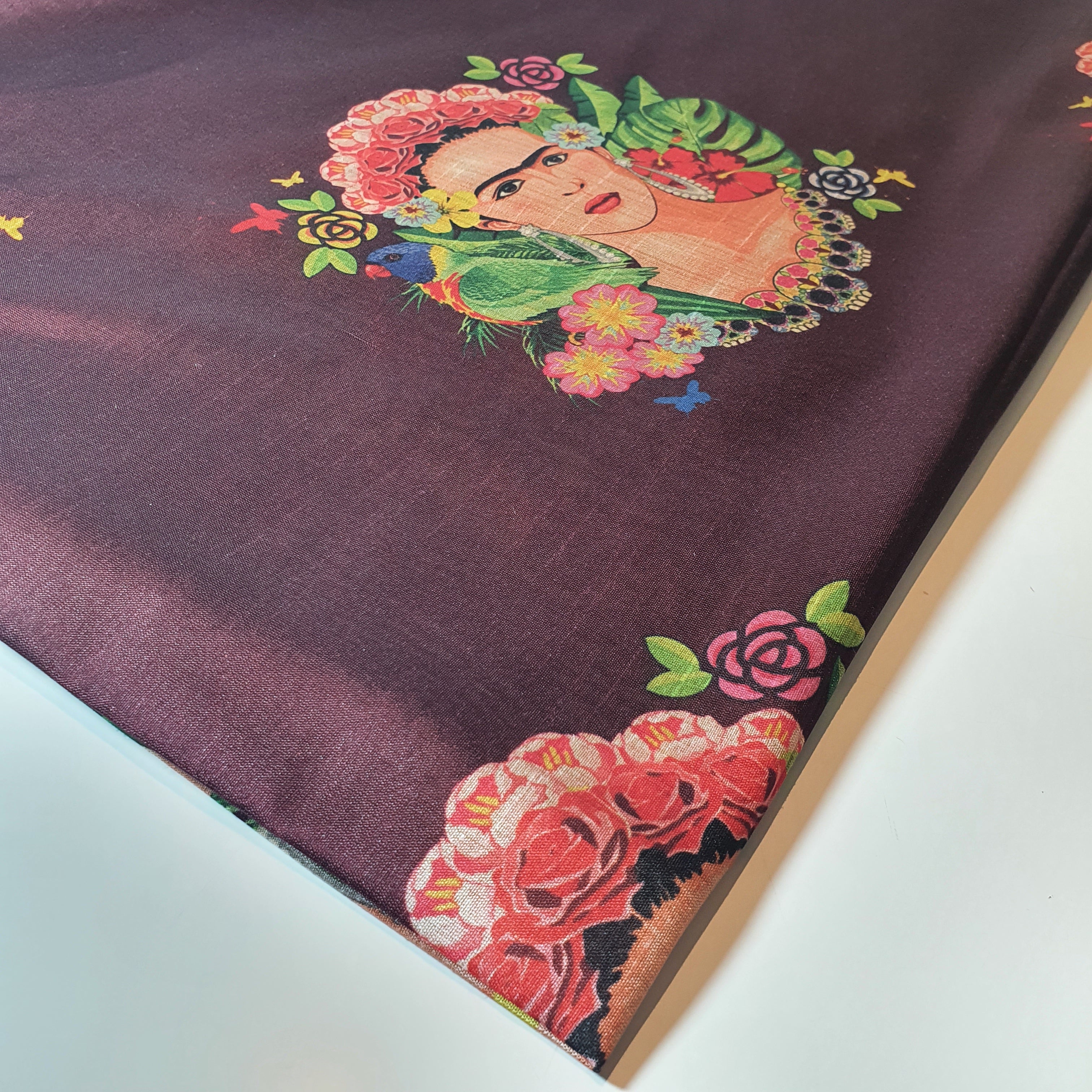 Burgundy Frida Kahlo Floral Digital Print Faux Raw Silk Fabric Dress C ...
