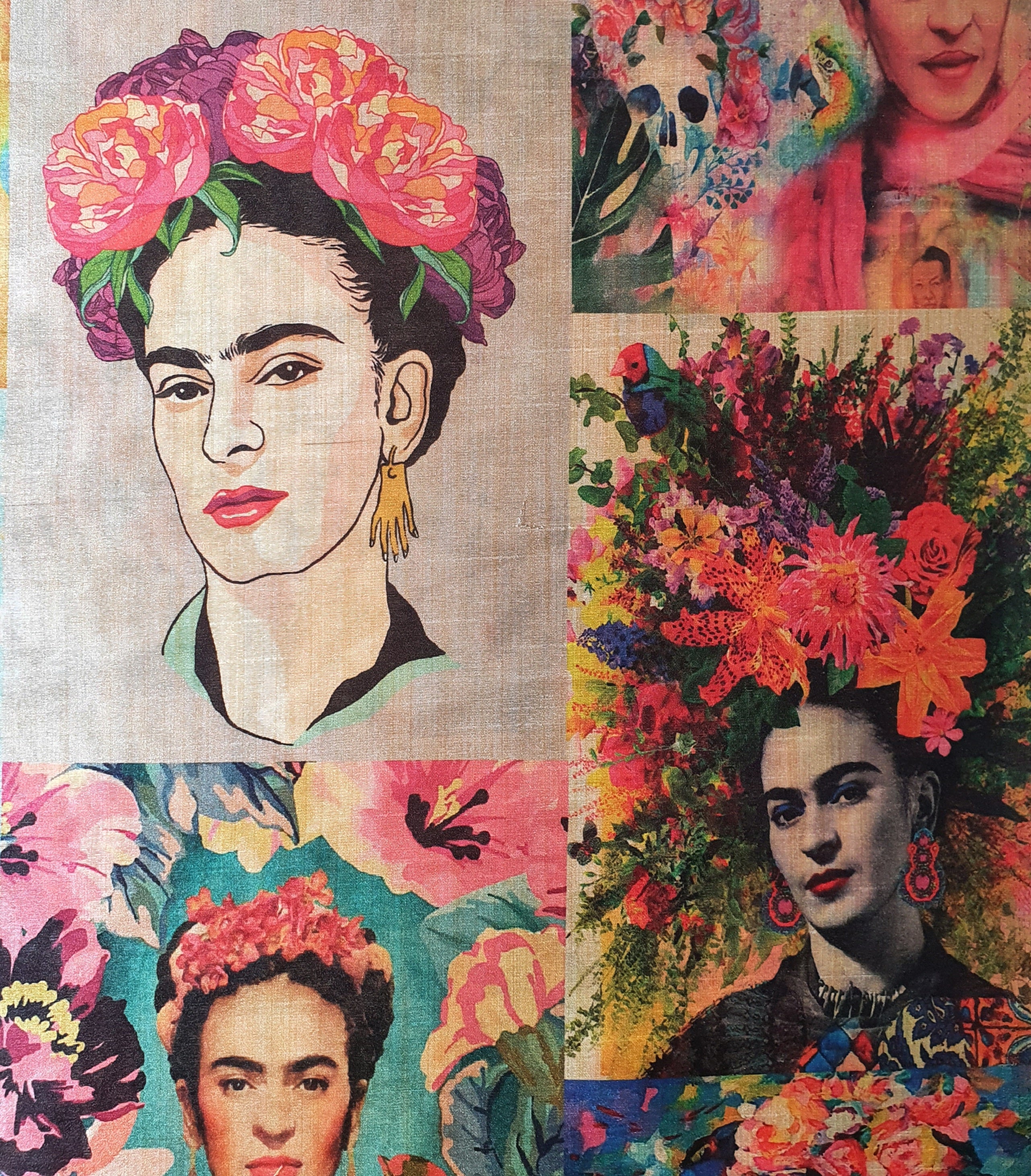 Multi Frida Kahlo Portraits Digital Print Faux Raw Silk Fabric Dress C ...