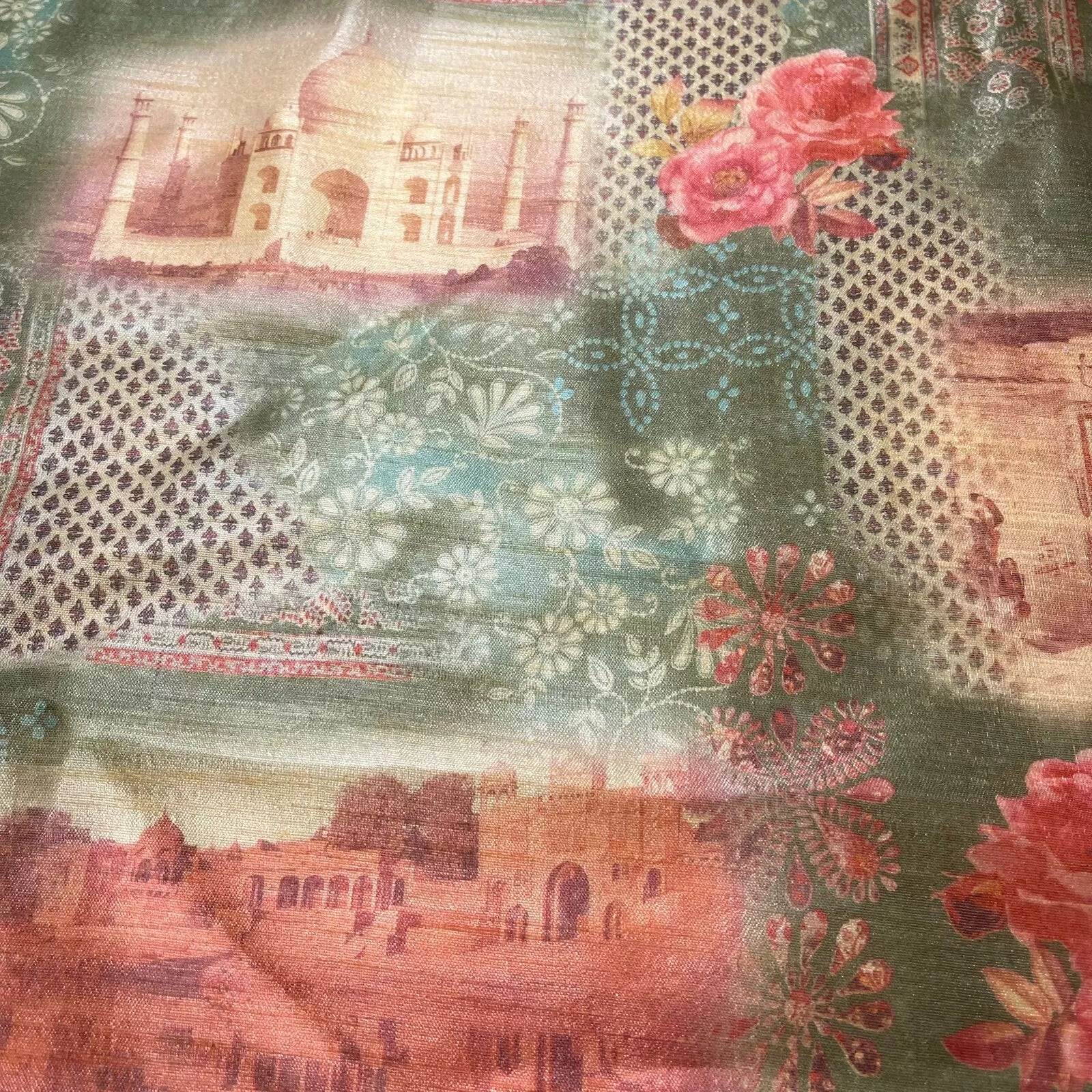 Cream Taj Mahal Floral Polyester Raw Silk Material Dress Craft Quiltin ...